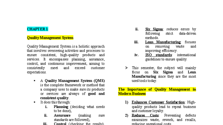CBME 1: Chapter 1 - Quality Management System Overview - Studocu