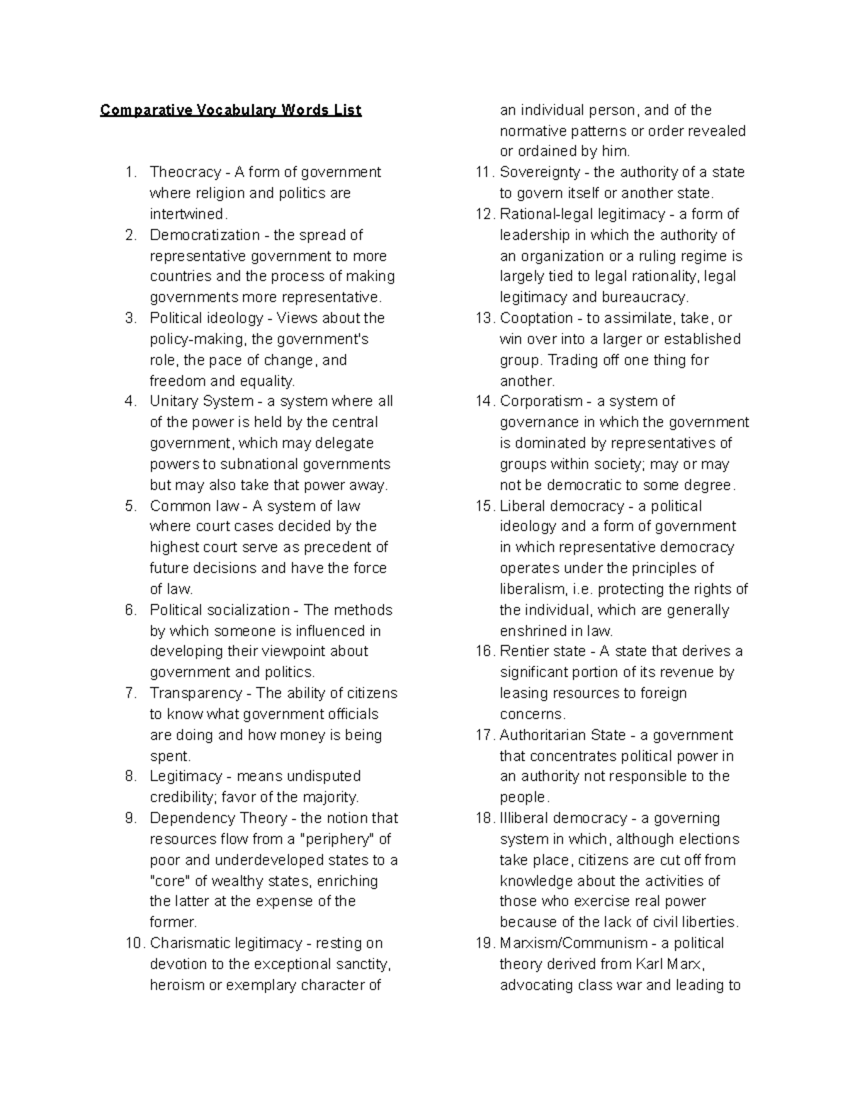 APC 101 Vocabulary Words List for Comparative Politics - Studocu
