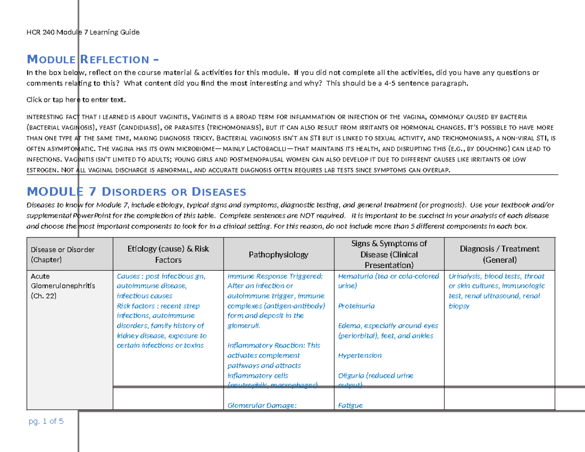 HCR 240 Module 7 Learning Guide: Reflection on Disorders and Diseases ...