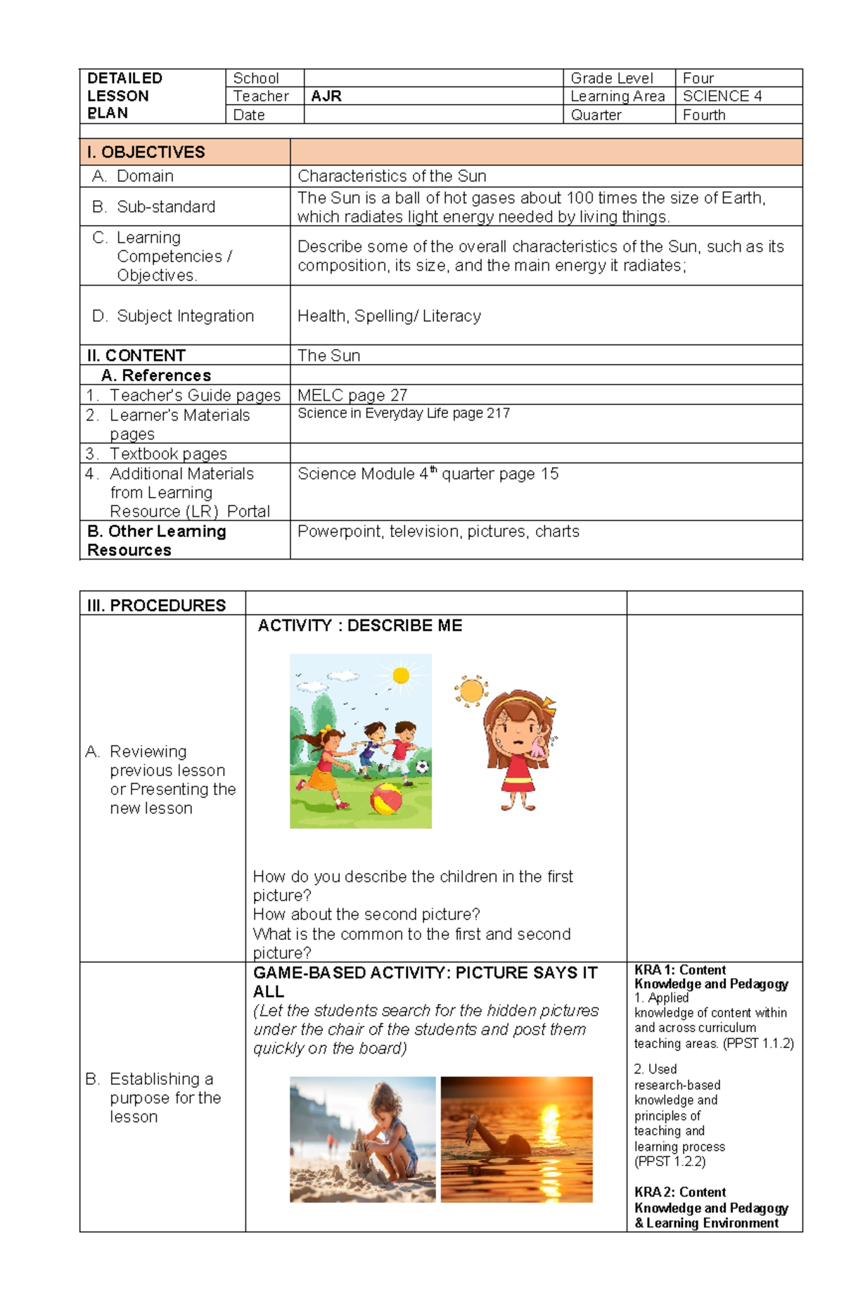 COT SCIENCE 4 WEEK 7: Characteristics of the Sun - Lesson Plan - Studocu