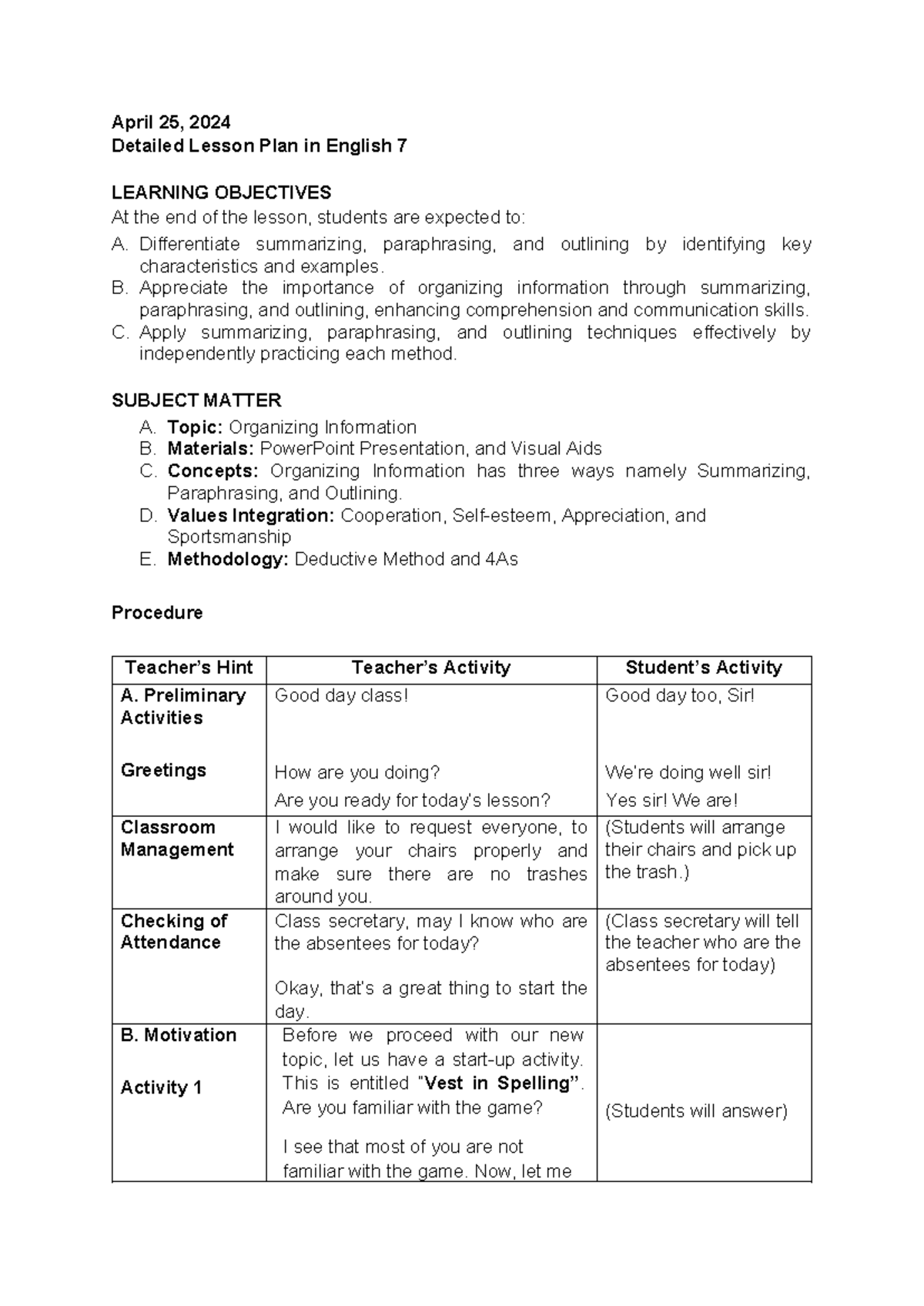 Detailed Lesson Plan in English 7: Organizing Information Techniques ...
