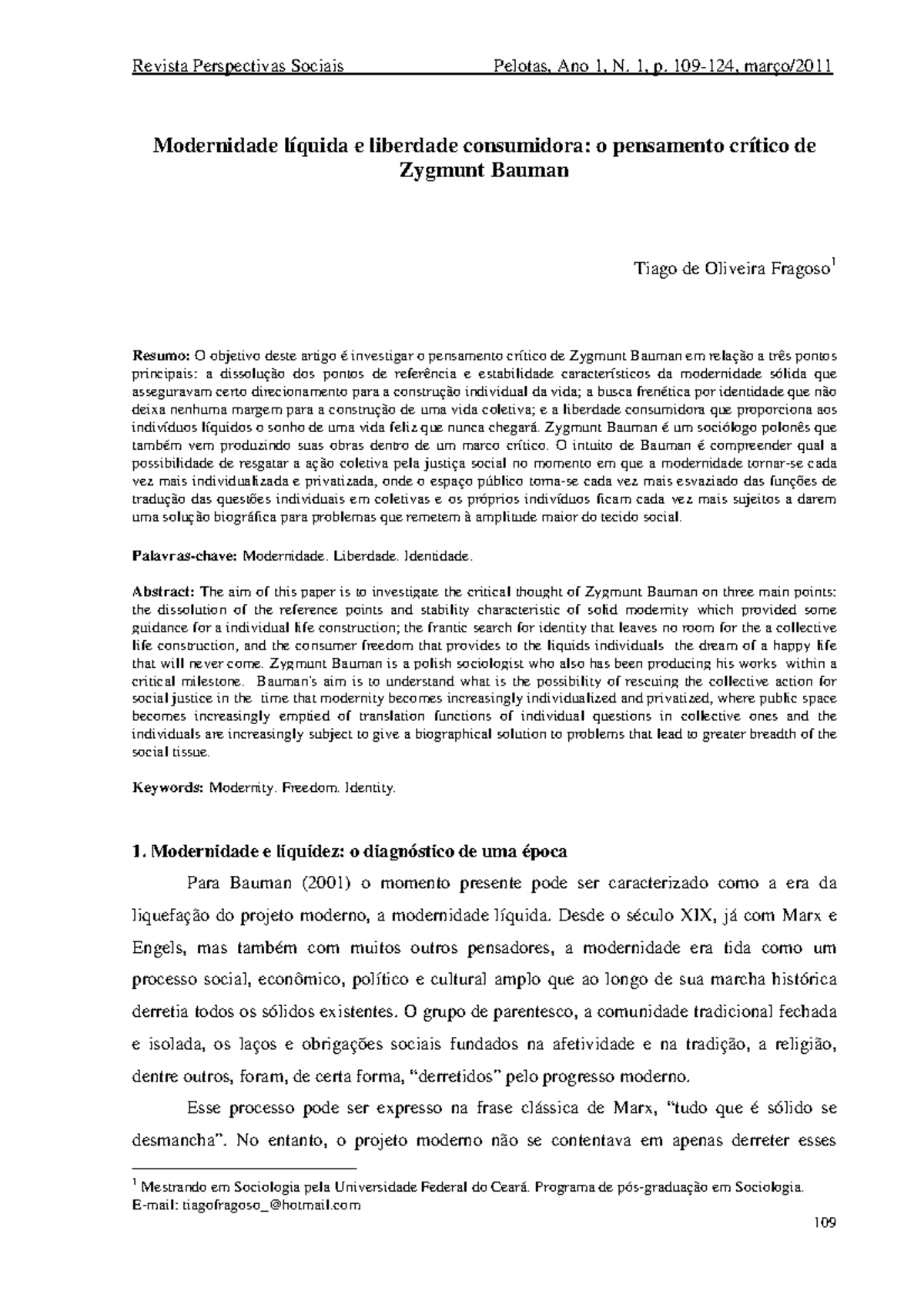 Artigo sobre Modernidade Líquida e Identidade: Reflexões Críticas de ...
