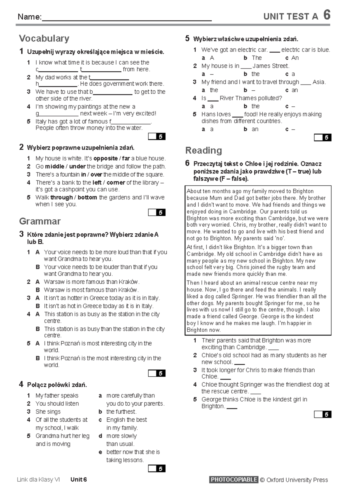 Link L6 U6 Unit Test A - Vocabulary and Reading in the Big City - Studocu