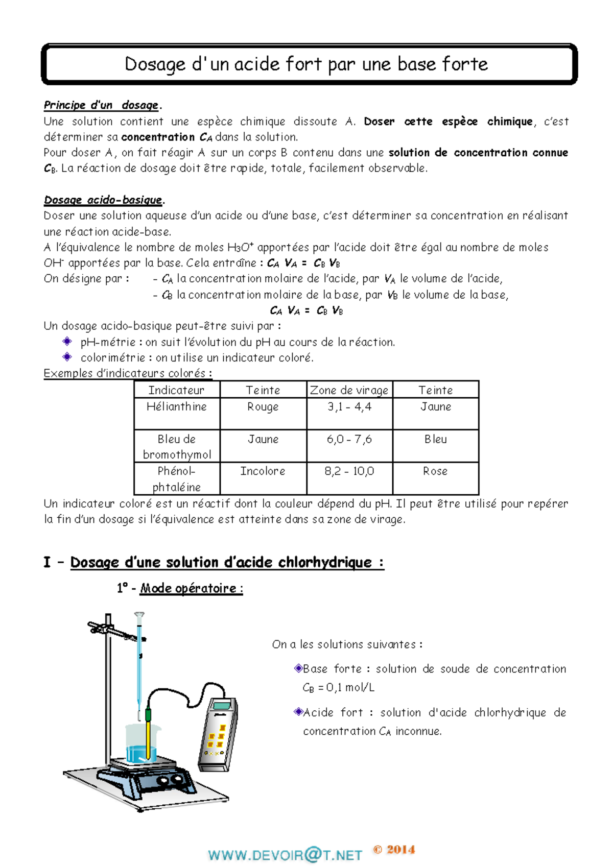 Cours - Sciences physiques Dosage d'un acide fort par une base forte ...