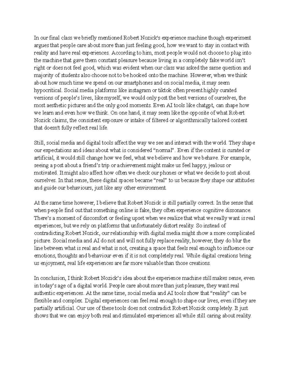 PHIL 101: Bonus Assignment on Nozick's Experience Machine Theory - Studocu