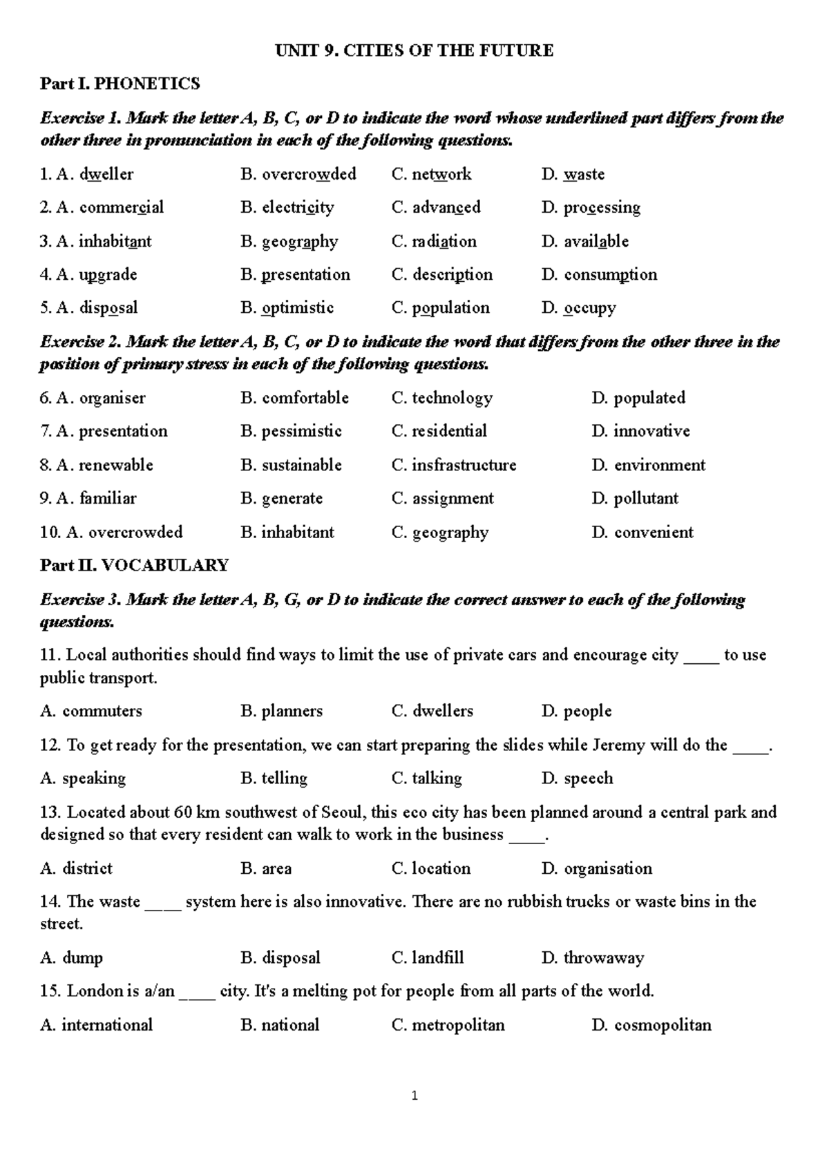 UNIT 9 - practice materials - UNIT 9. CITIES OF THE FUTURE Part I ...
