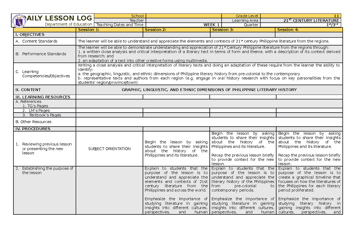 21ST Century Literature Q1 Week 1 Daily Lesson Log and Overview - Studocu