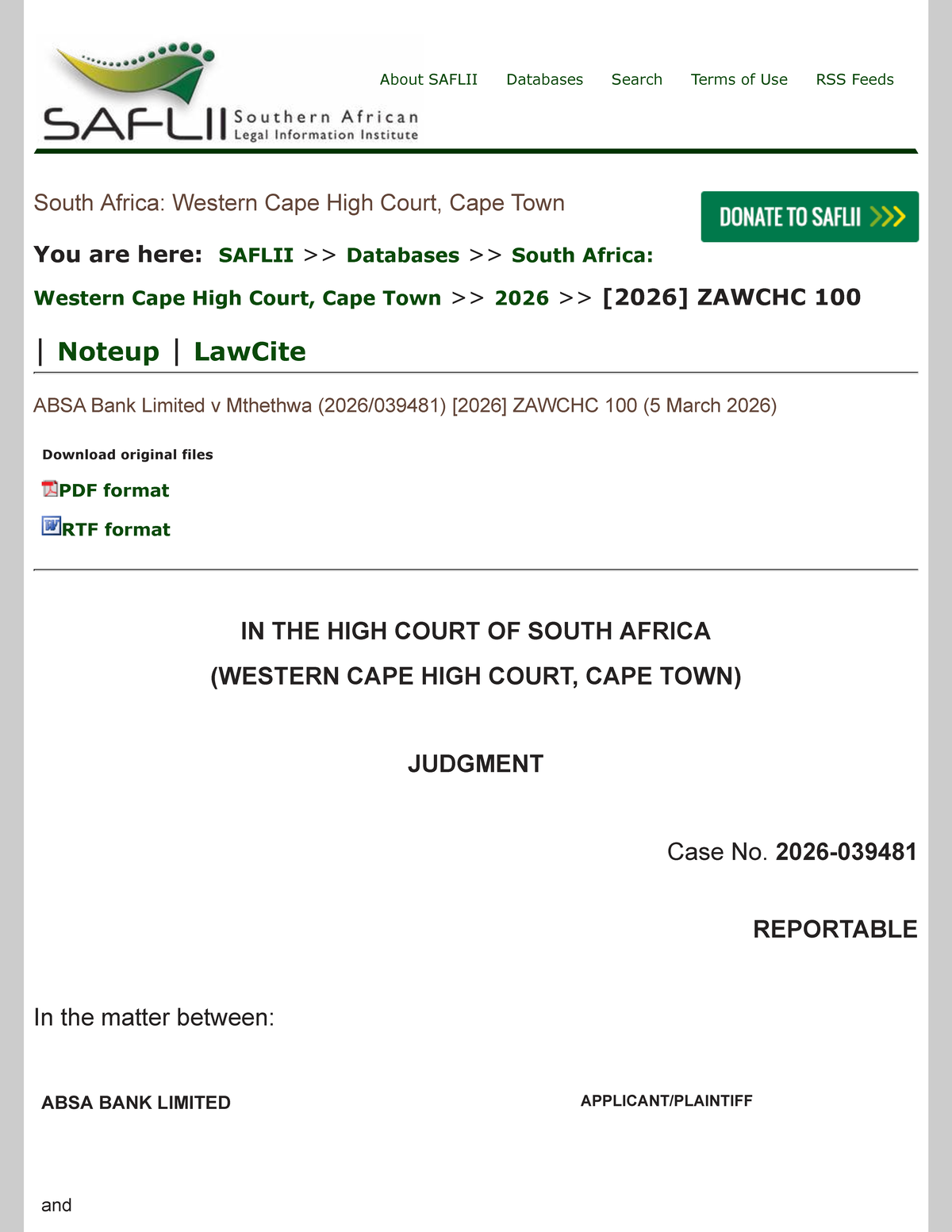 SAFLII Case Study: ABSA Bank Ltd v Mthethwa (ZAWCHC 100, 2026) - Studocu