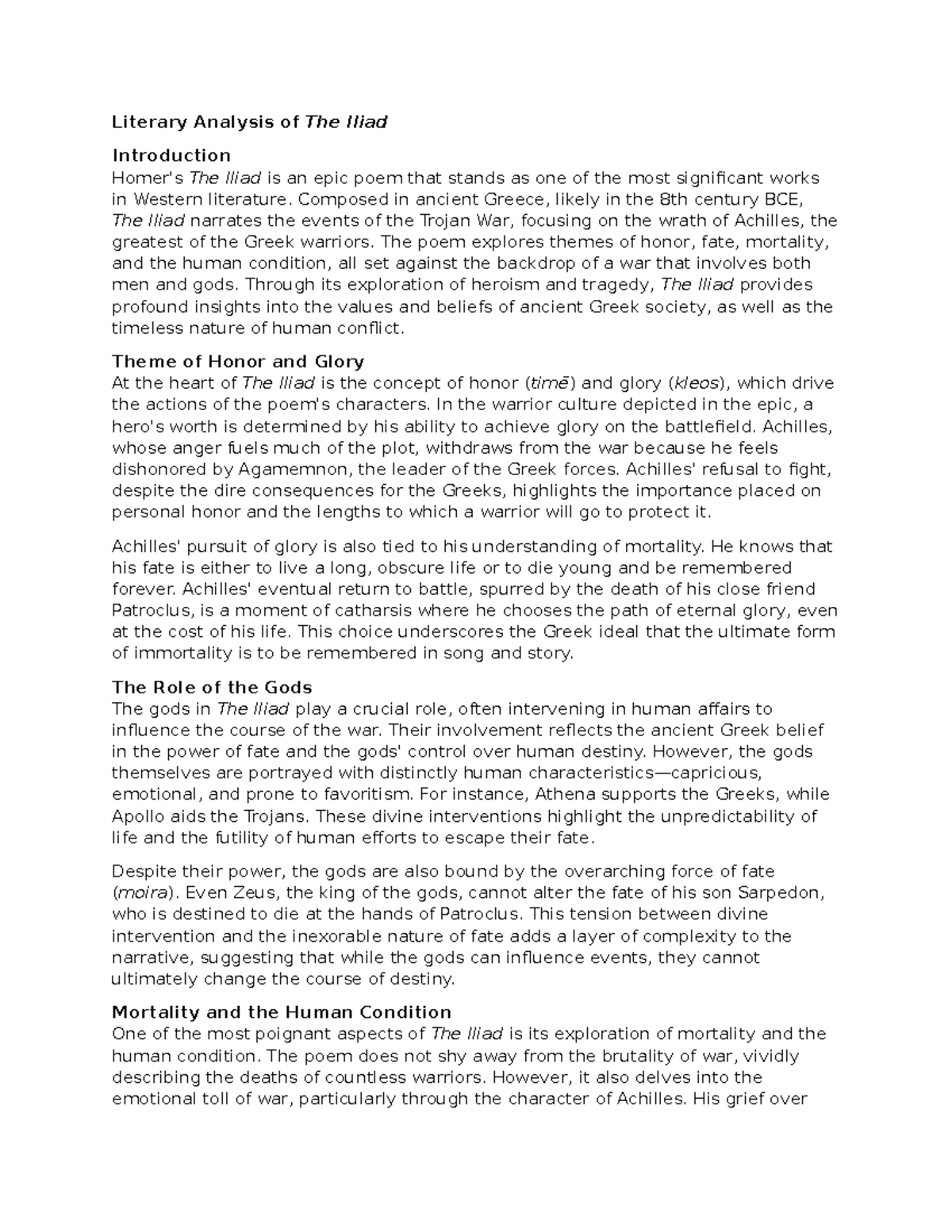 LIT101: Literary Analysis of Honor, Fate, and Mortality in The Iliad ...