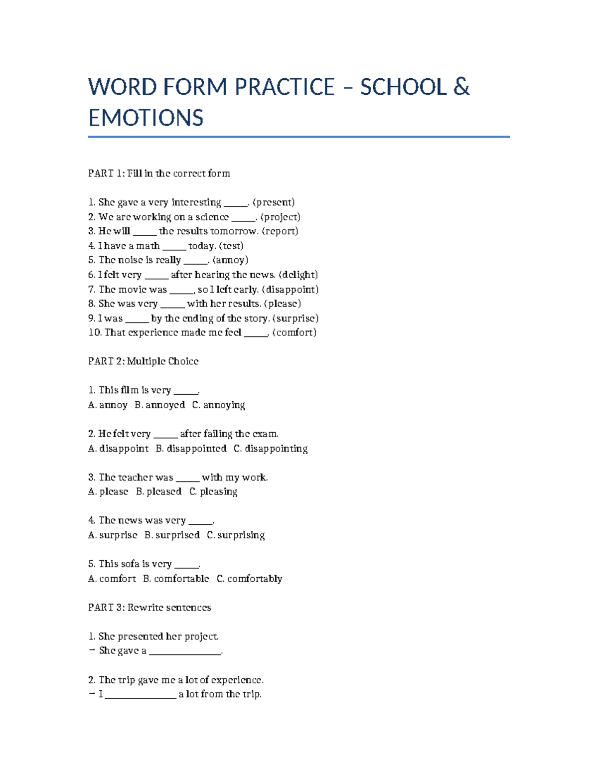 WORD FORM PRACTICE: SCHOOL EMOTIONS PART 1 & 2 - Studocu