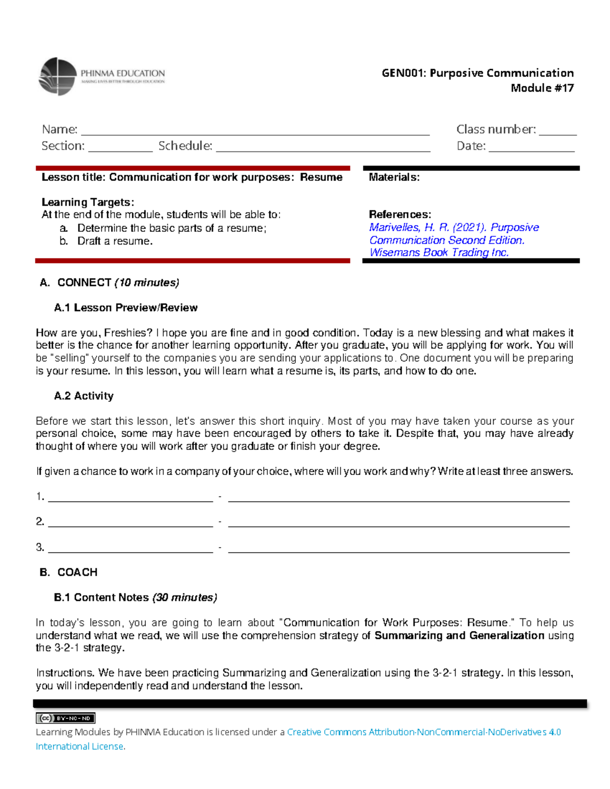 GEN001: Purposive Communication - Resume Drafting Lesson - Studocu