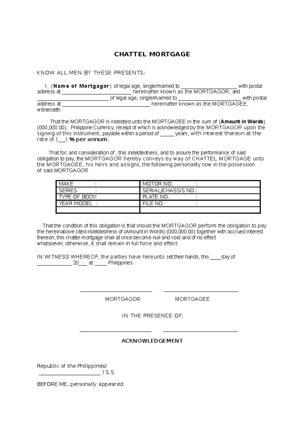 Chattel Mortgage Sample Format Document and Template - Studocu