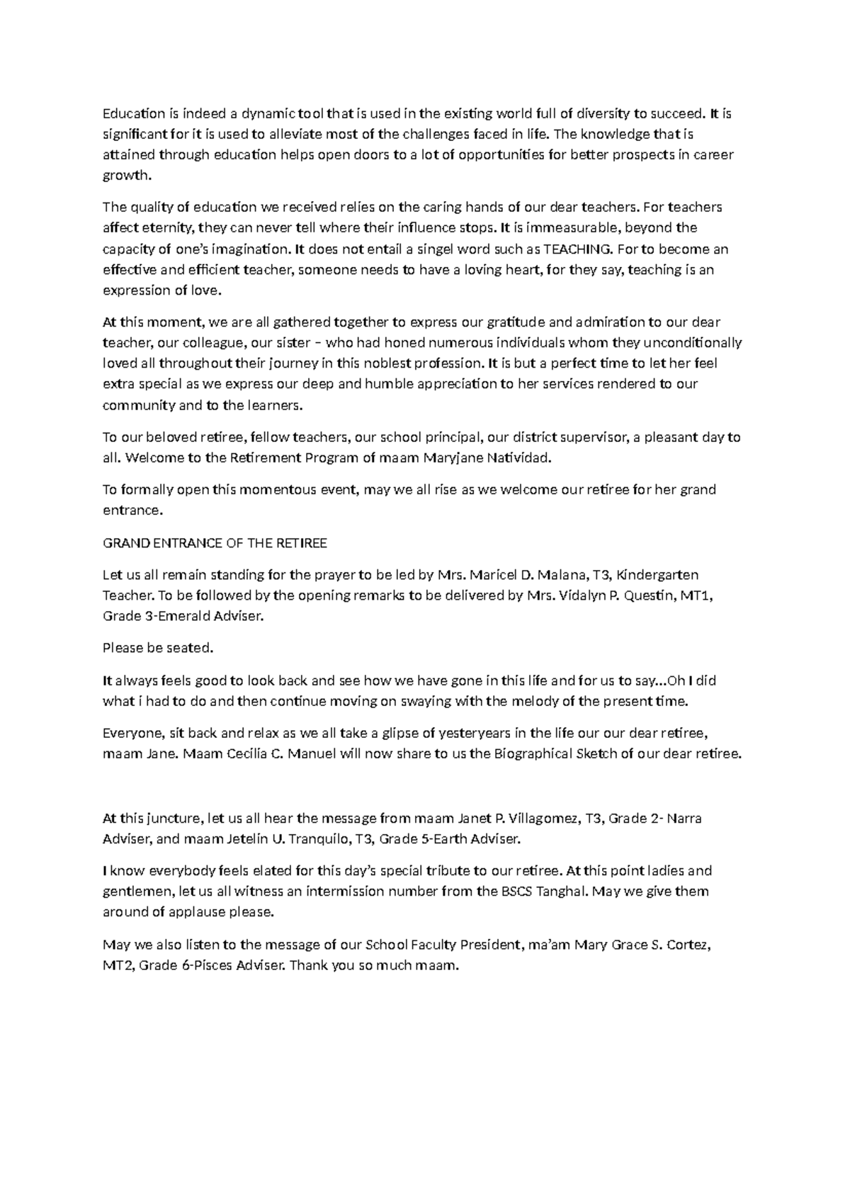 Retirement Ceremony Script for Ma'am Maryjane Natividad - Studocu