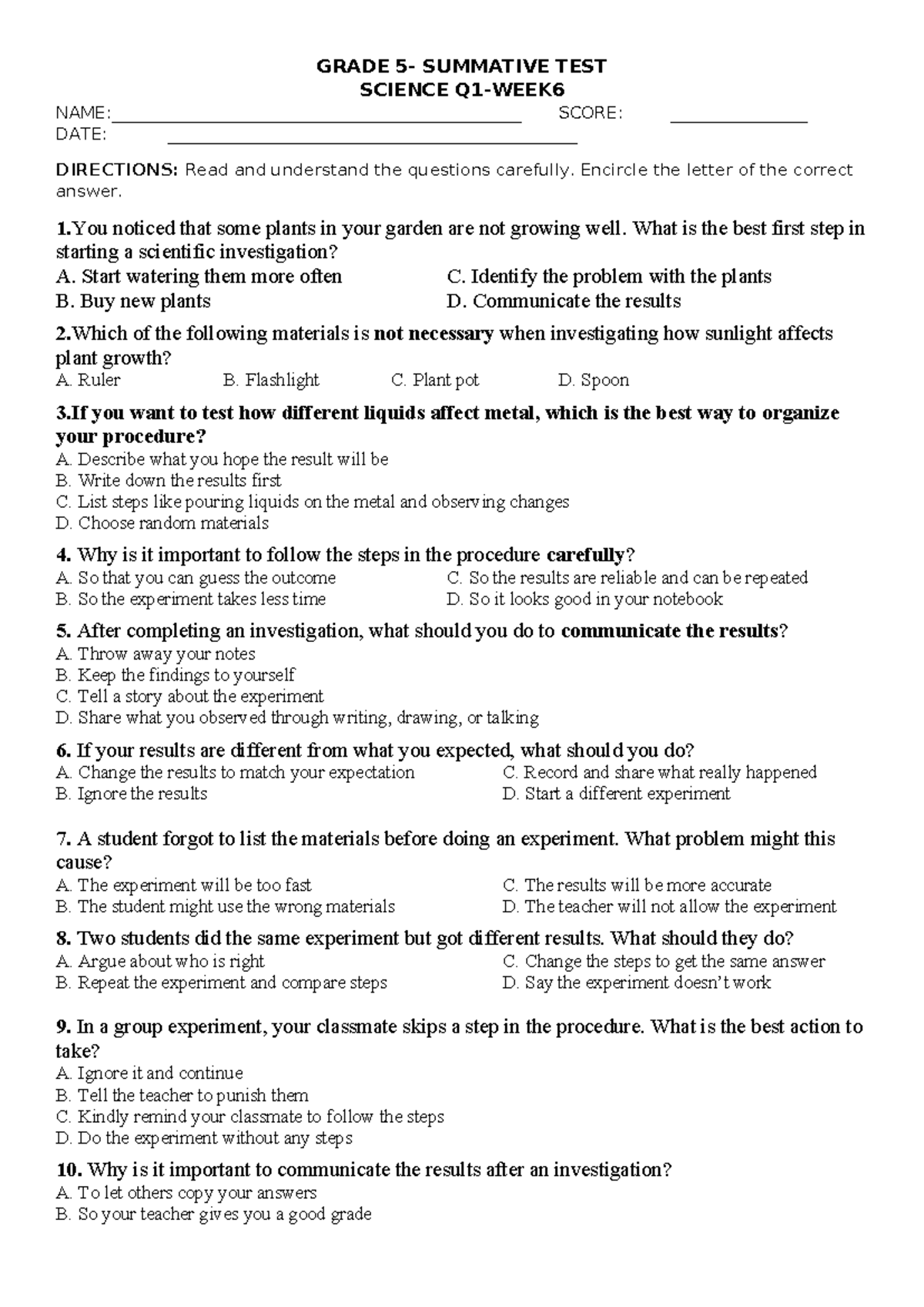WEEK 6 - SUMMATIVE TEST SCIENCE QUESTIONS & ANSWERS - Studocu
