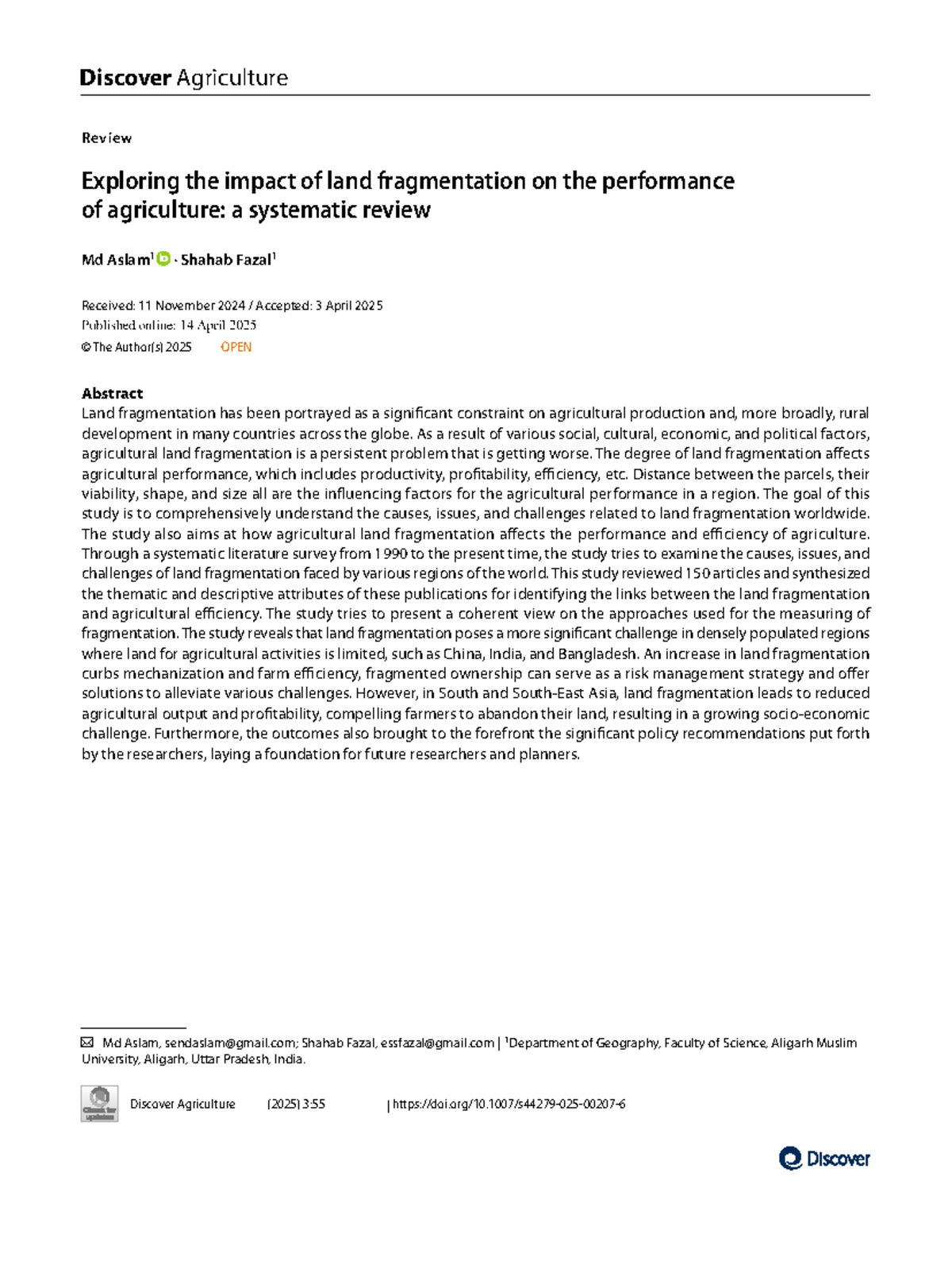 S44279: Systematic Review on Land Fragmentation's Impact on Agriculture ...