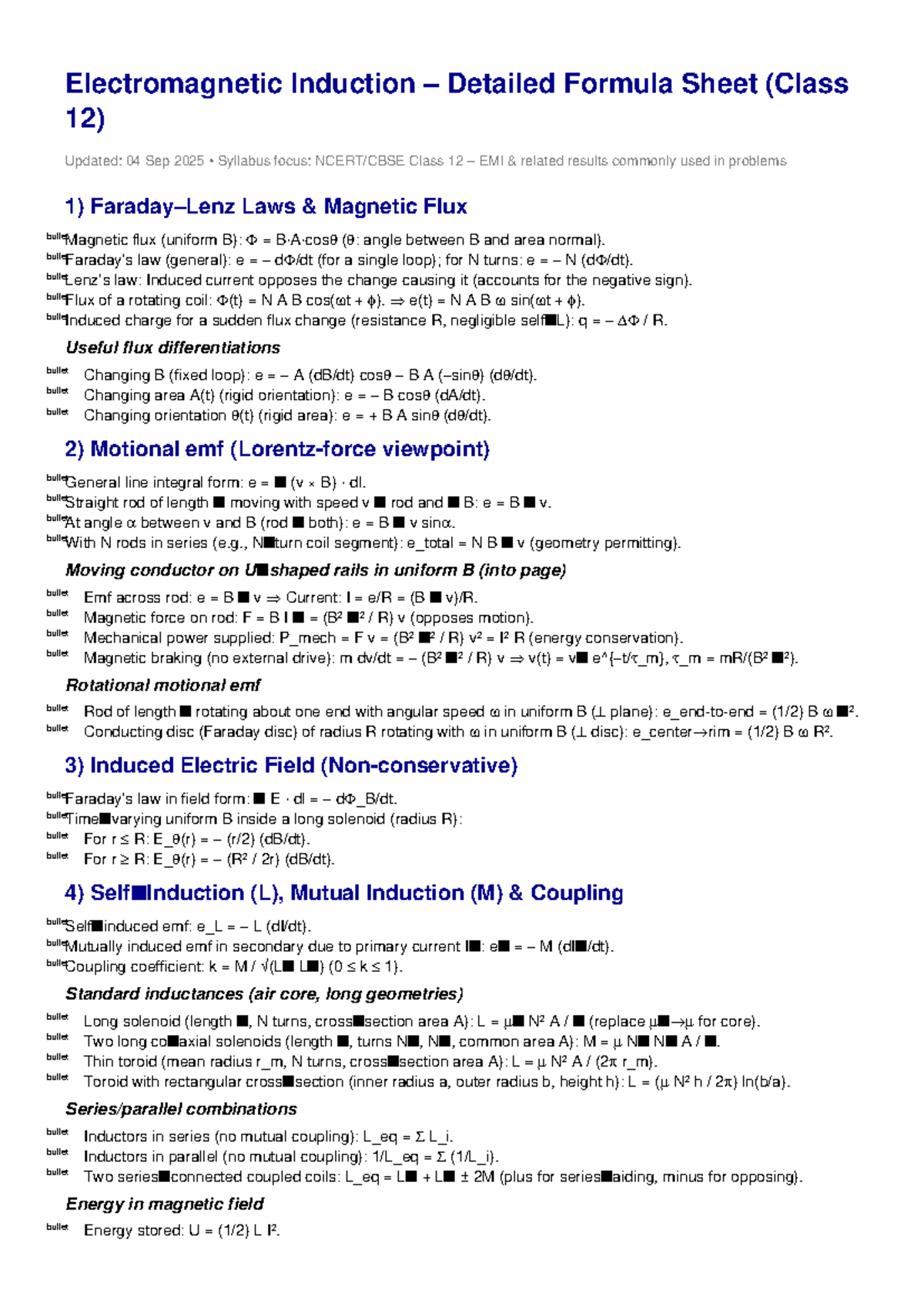 EMI Class 12 Detailed Formula Sheet: Key Induction Concepts - Studocu