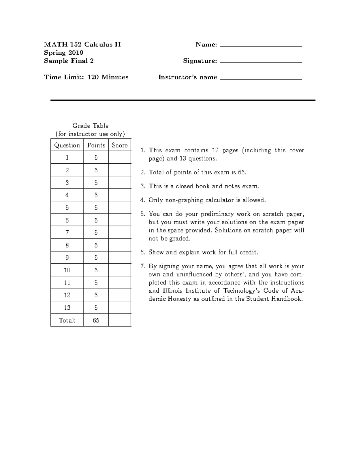 MATH 152 Calculus II Practice Final Exam - Spring 2019 - Studocu