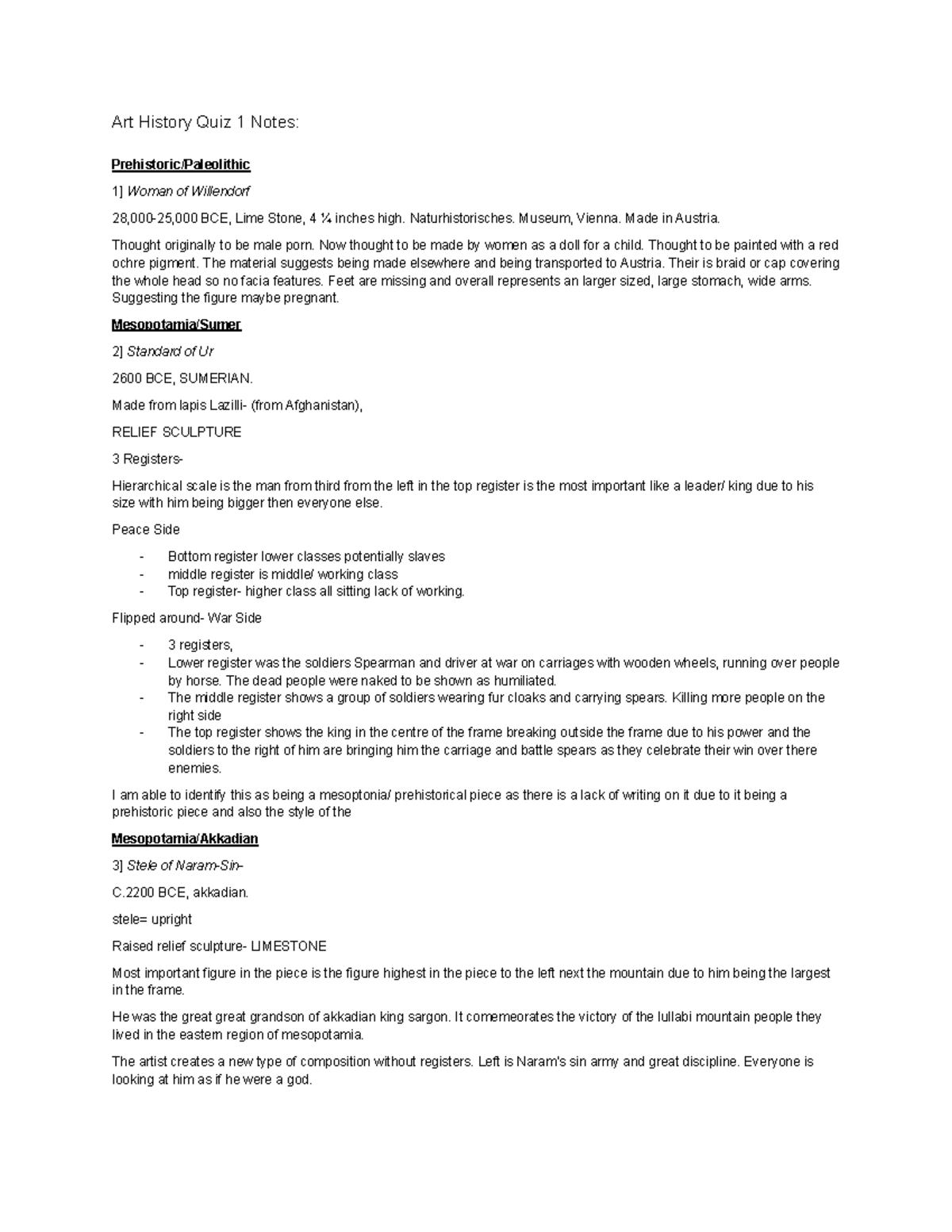 Art History Quiz 1: Overview of Prehistoric to Greek Artworks - Studocu