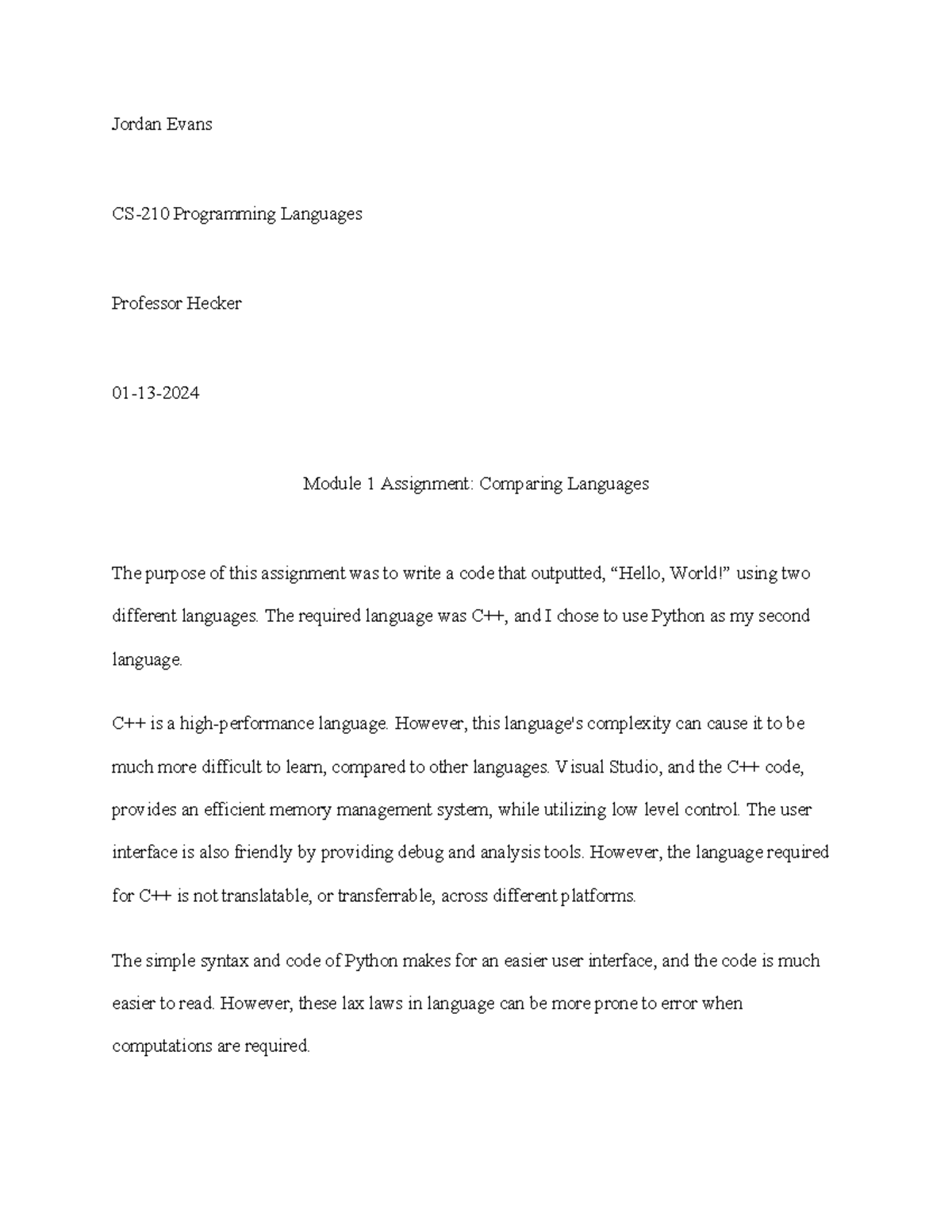 CS-210 Module 1: Comparing Programming Languages in C++ & Python - Studocu