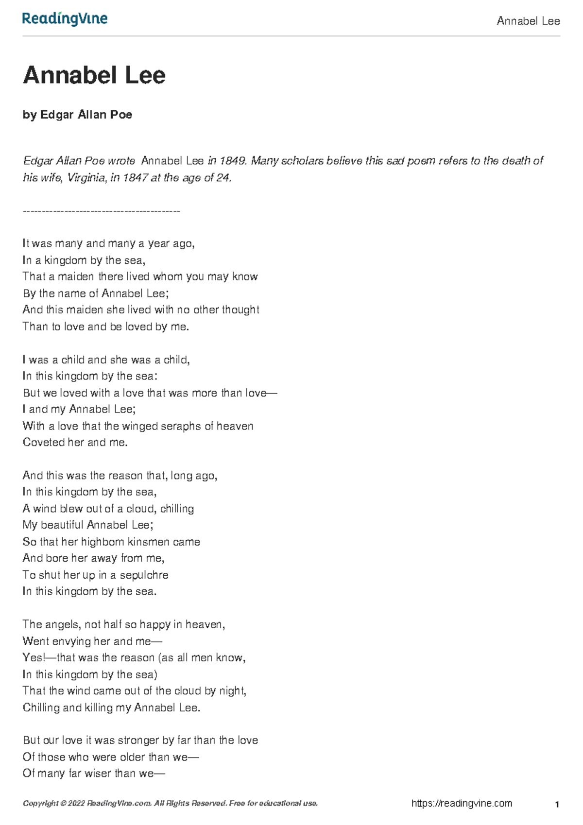ENGL 101: Essay Notes on "Annabel Lee" by Edgar Allan Poe - Studocu