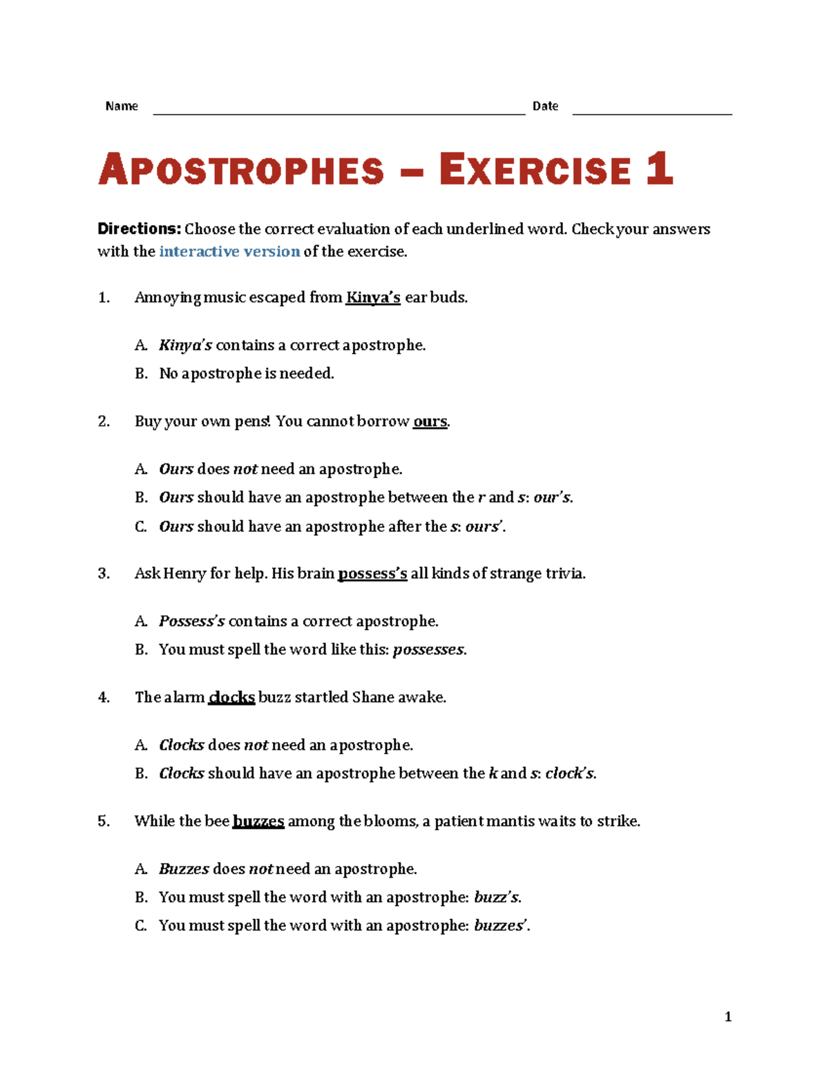 Apostrophes 01 - Apostrophe Practice Exercise and Evaluation Guide ...