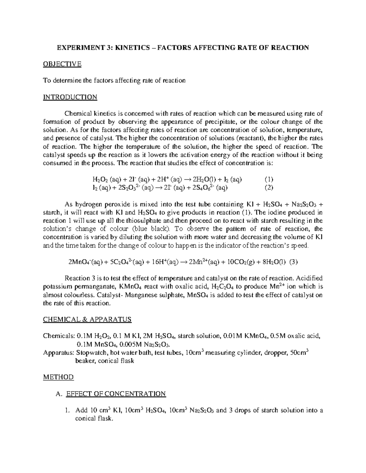 Experiment 3: Kinetics - Factors Influencing Reaction Rates - Studocu