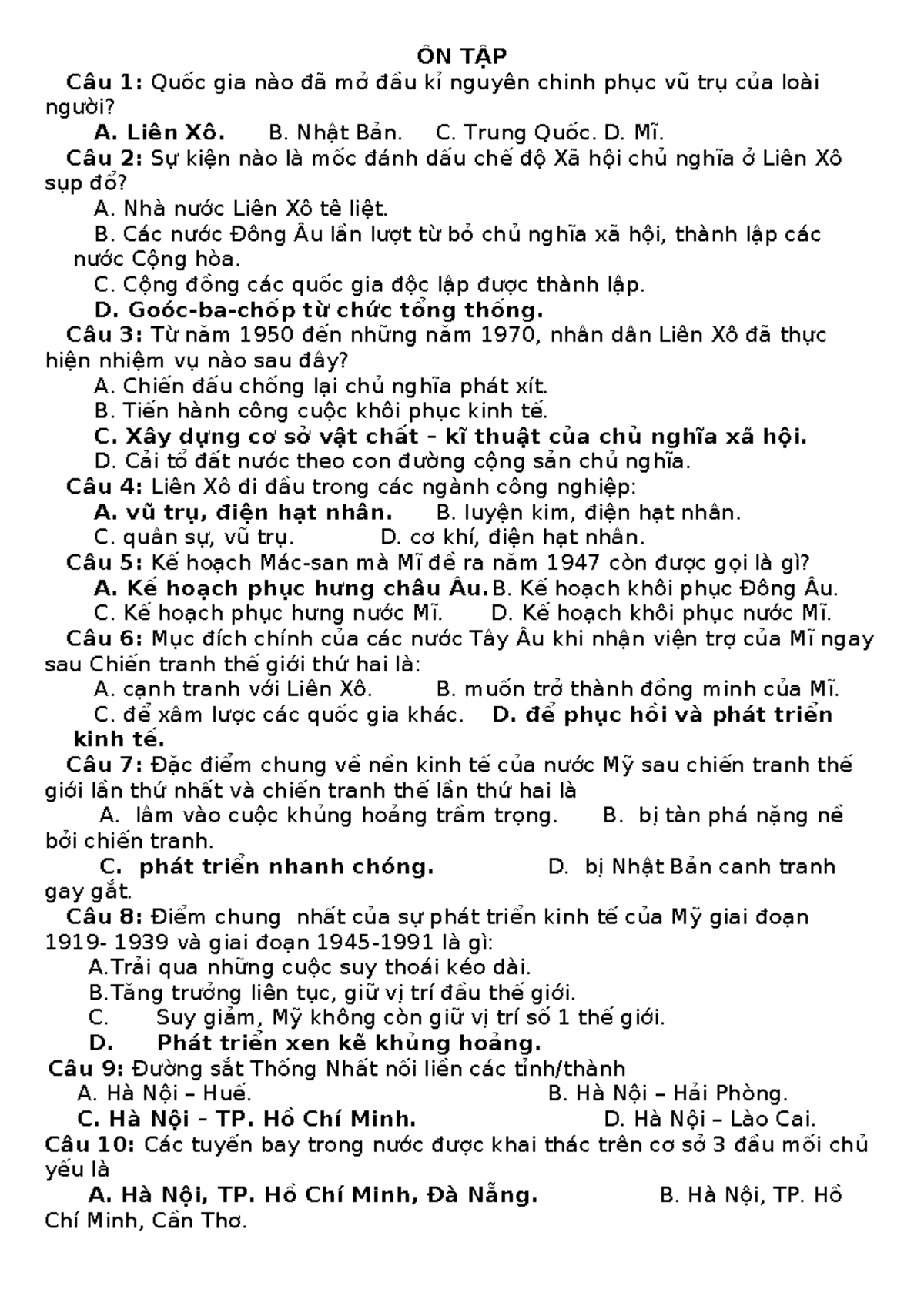 ÔN TẬP K12: Câu hỏi về lịch sử Liên Xô và Mỹ - Studocu