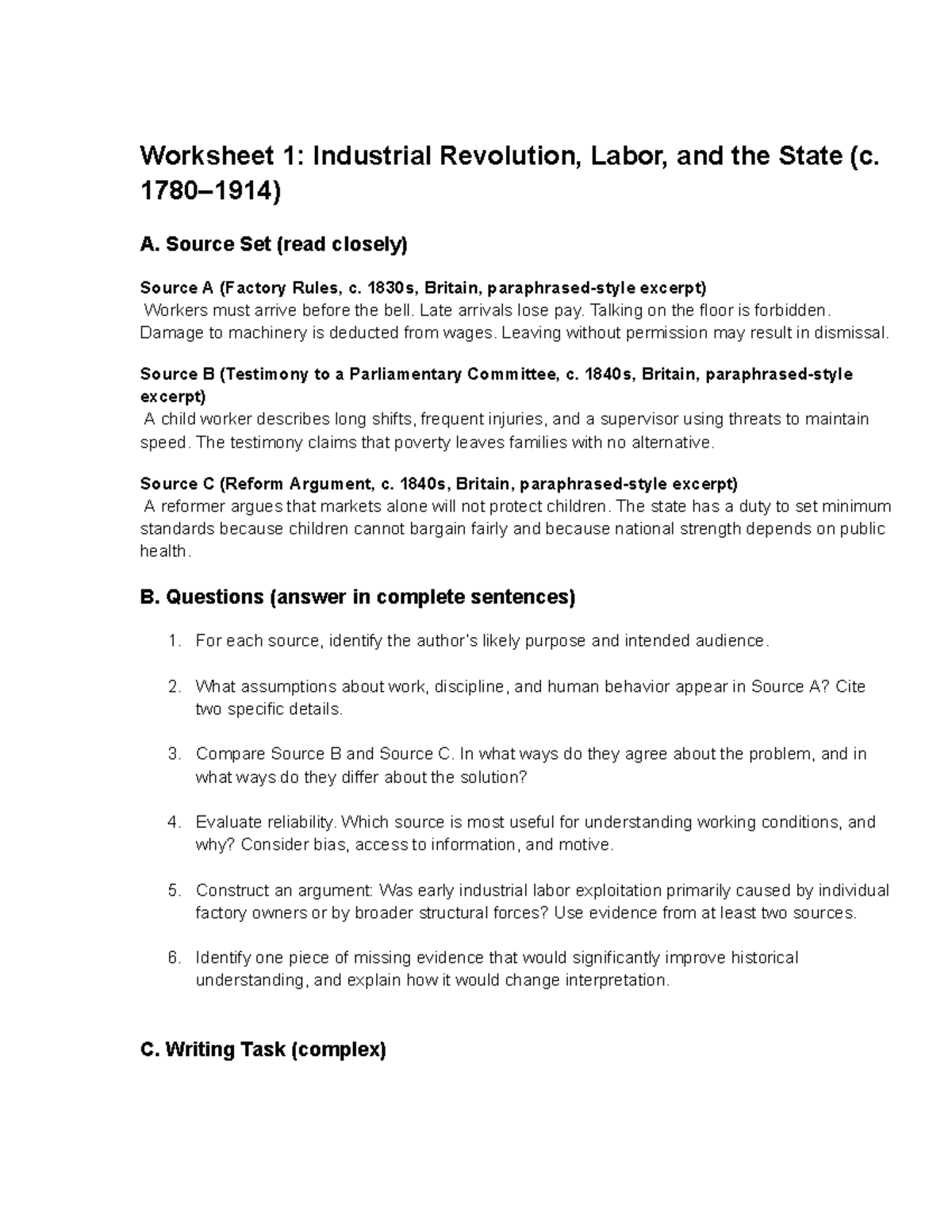 Worksheet 1: Industrial Revolution & Labor Issues (c. 1780–1914) - Studocu