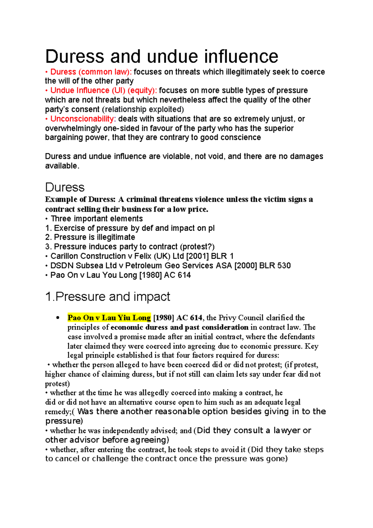 Duress and Undue Influence: Key Legal Principles and Case Studies - Studocu