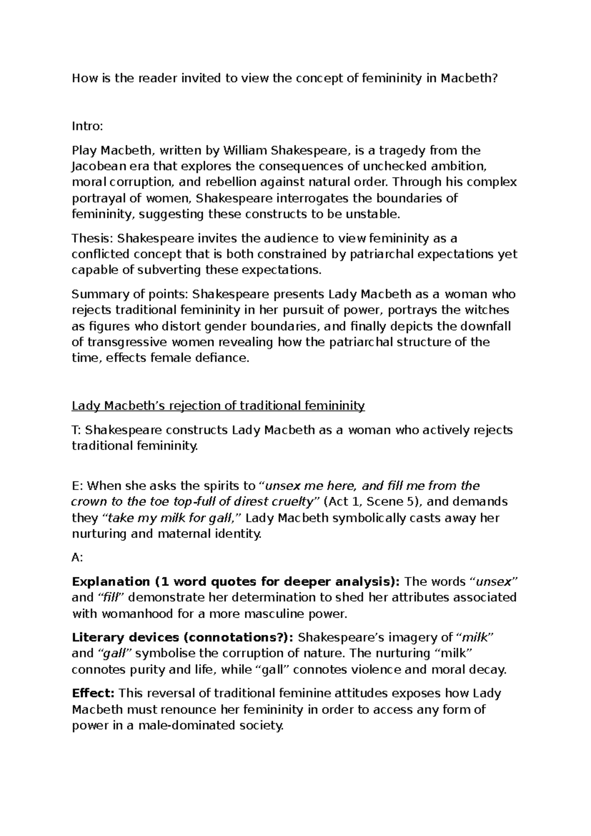Macbeth Essay (QCAA EA Style): Femininity and Power Dynamics - Studocu