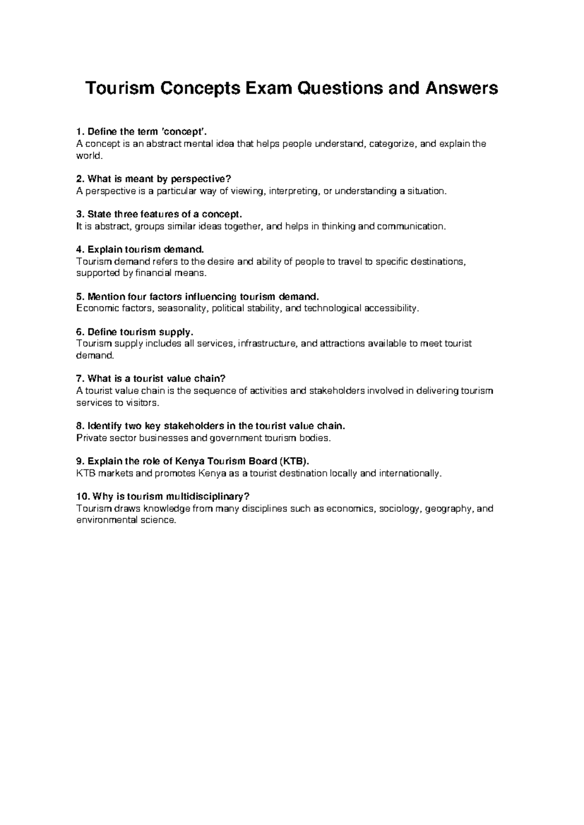 Tourism Concepts Exam Q&A: Key Definitions & Influences - Studocu