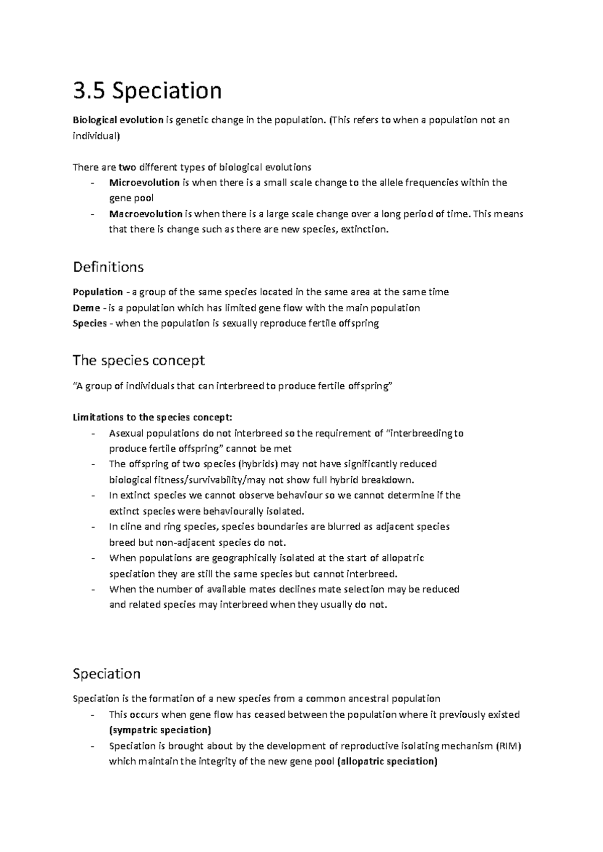 Speciation Notes for Biology 101 - Last Year’s Study Guide - Studocu