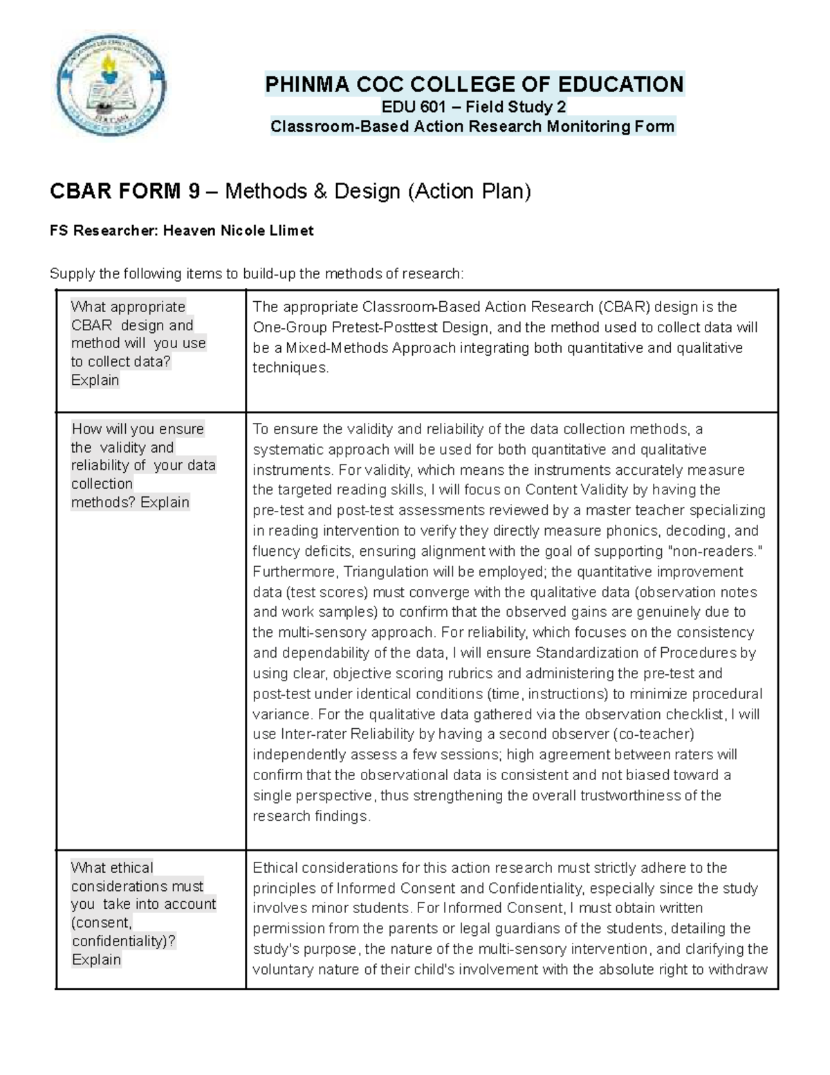 EDU 601 Field Study 2: Action Research Monitoring Form & Methods Design ...