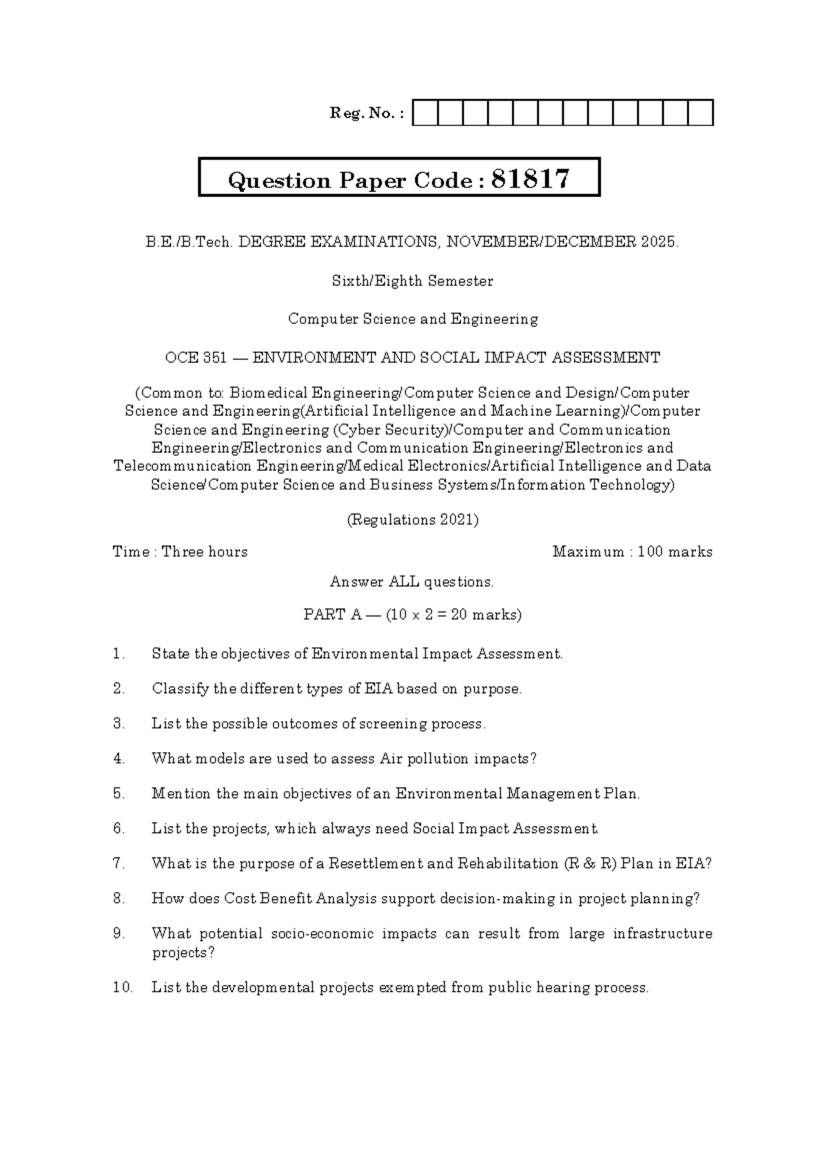 OCE 351 Final Exam Question Paper - Environmental & Social Impact ...