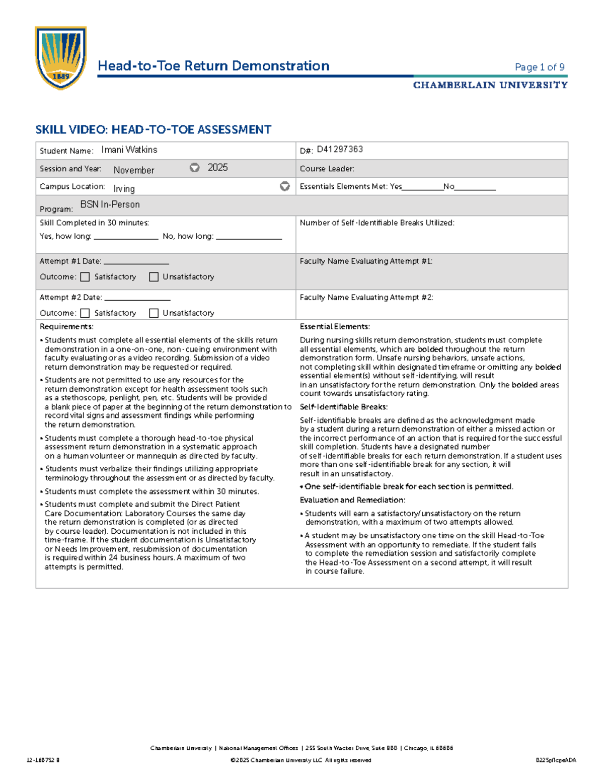 Head to Toe Assessment Return Demonstration - D41297363 - Studocu
