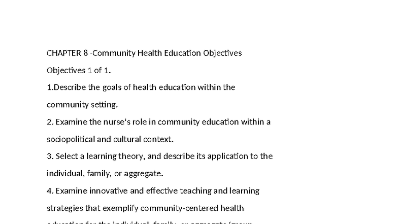 Chapter 8: Community Health Education Objectives (8th Ed) - Key ...