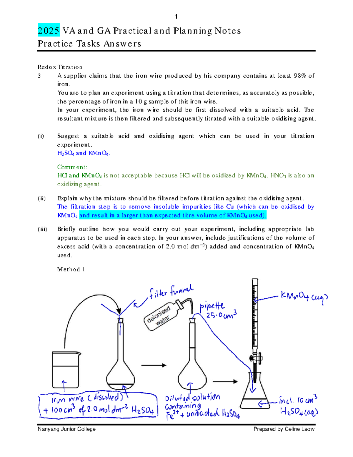 2025 VA and GA Practical Notes: Redox Titration Experiment Guide - Studocu