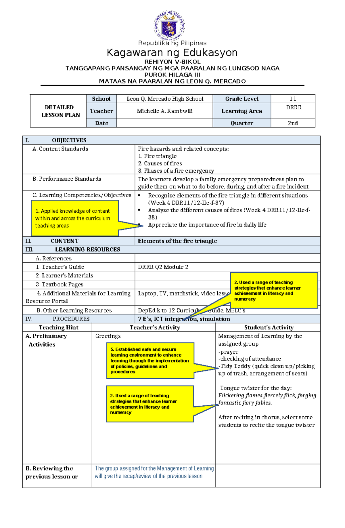 DRRR Lesson Plan for Grade 11 - COT 2: Fire Hazards & Safety - Studocu