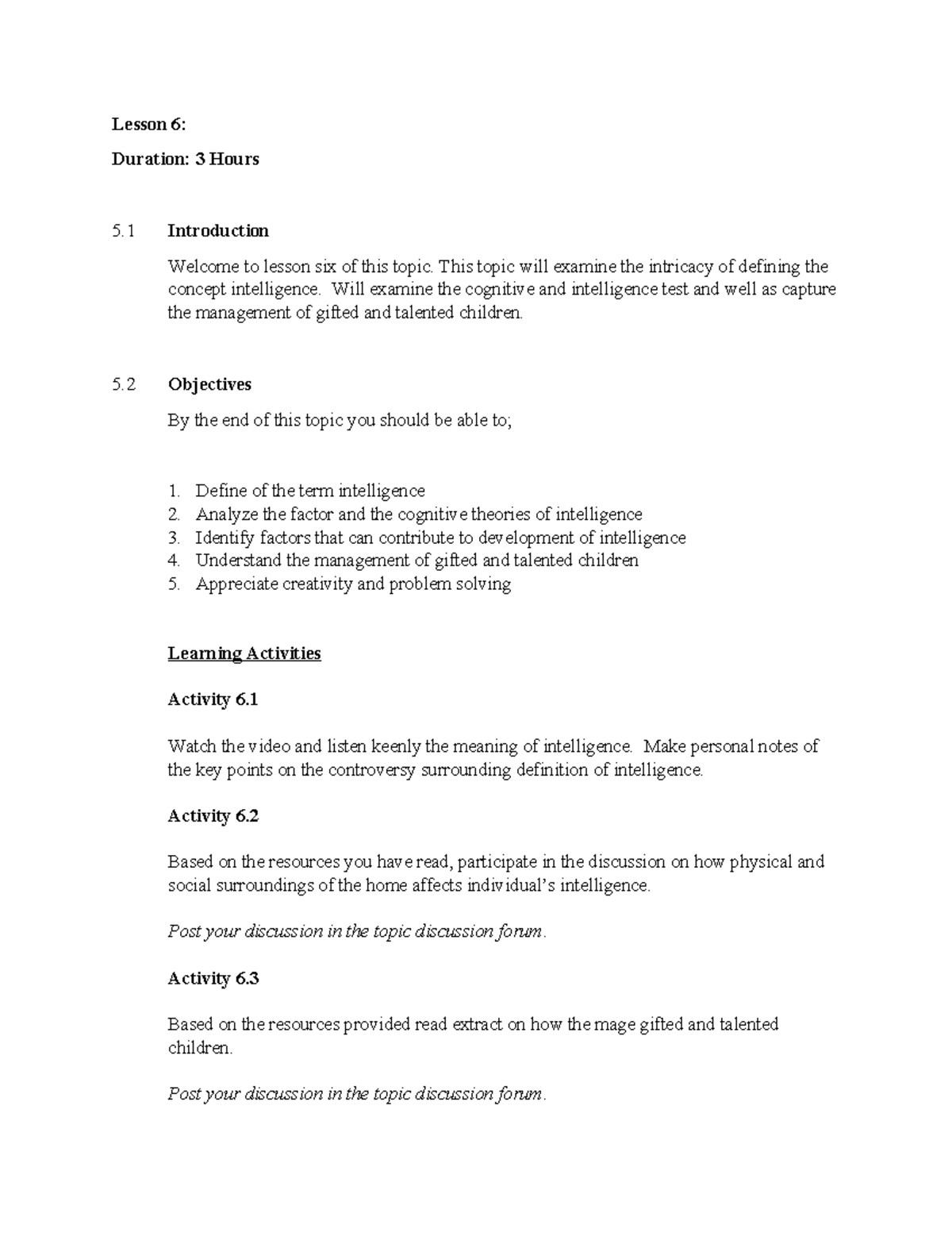 Lesson 6: Intelligence Thought Processes and Gifted Management - Studocu
