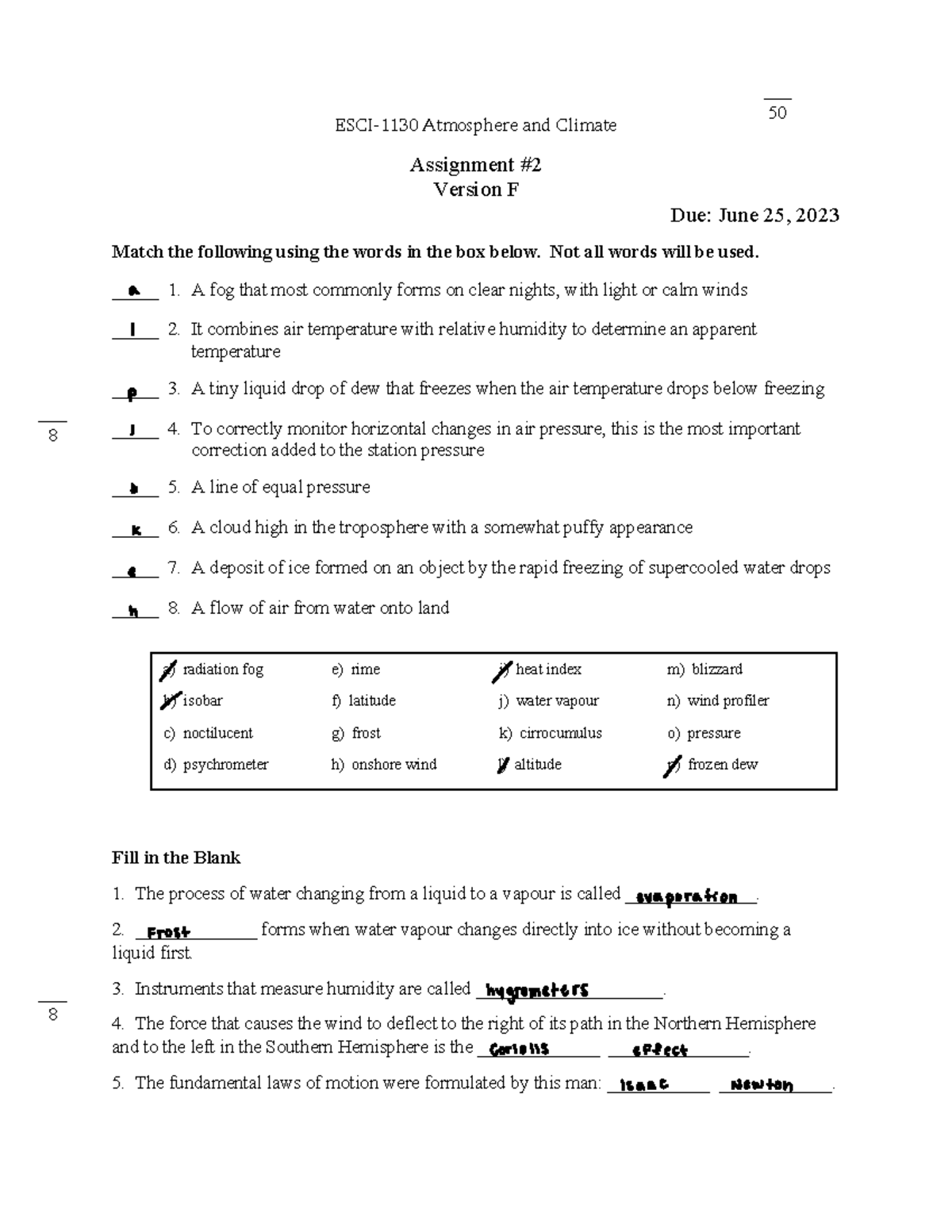 Assignment 2F - ESCI-1130 Atmosphere and Climate Assignment Version F ...