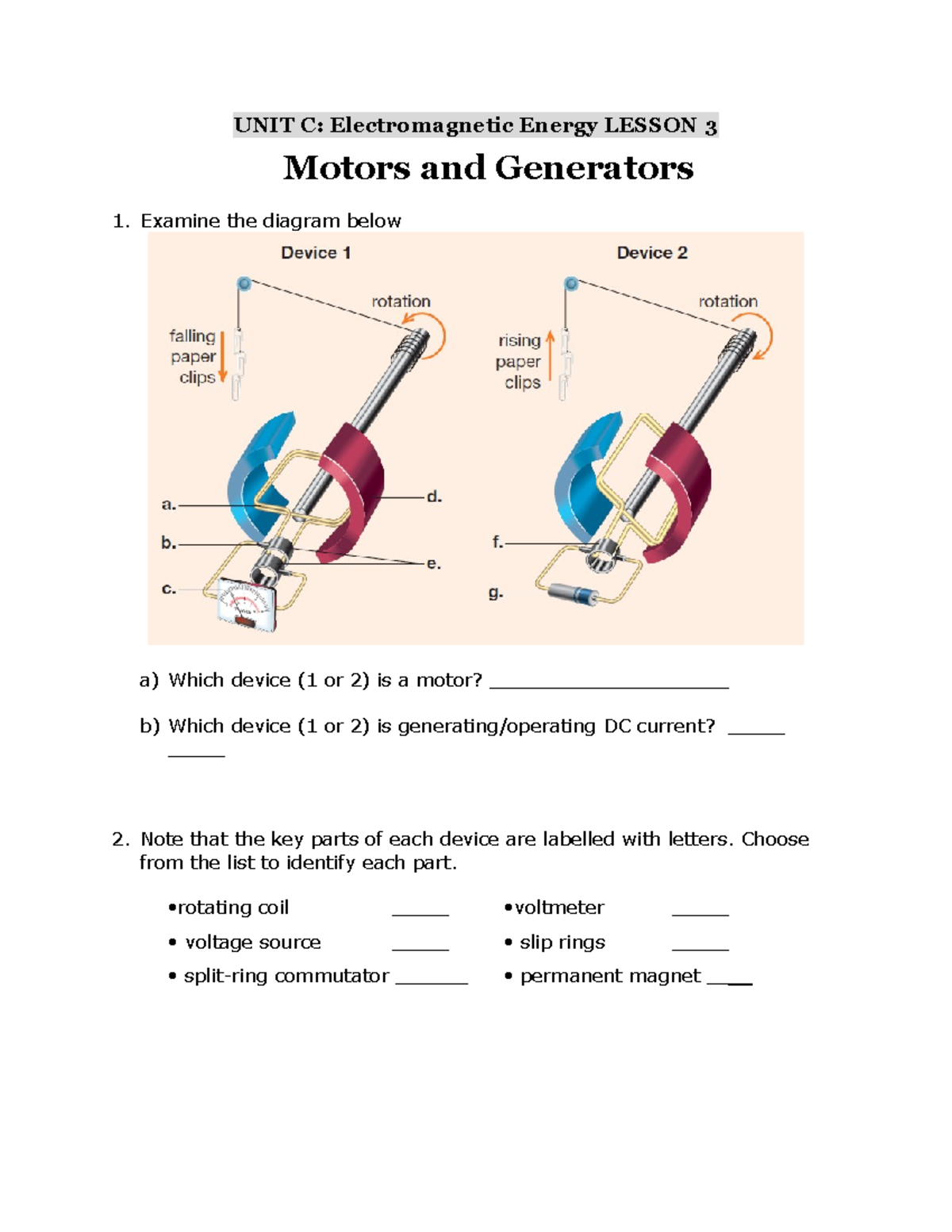 C1: Electromagnetic Energy Lesson 3 - Motors & Generators Practice ...