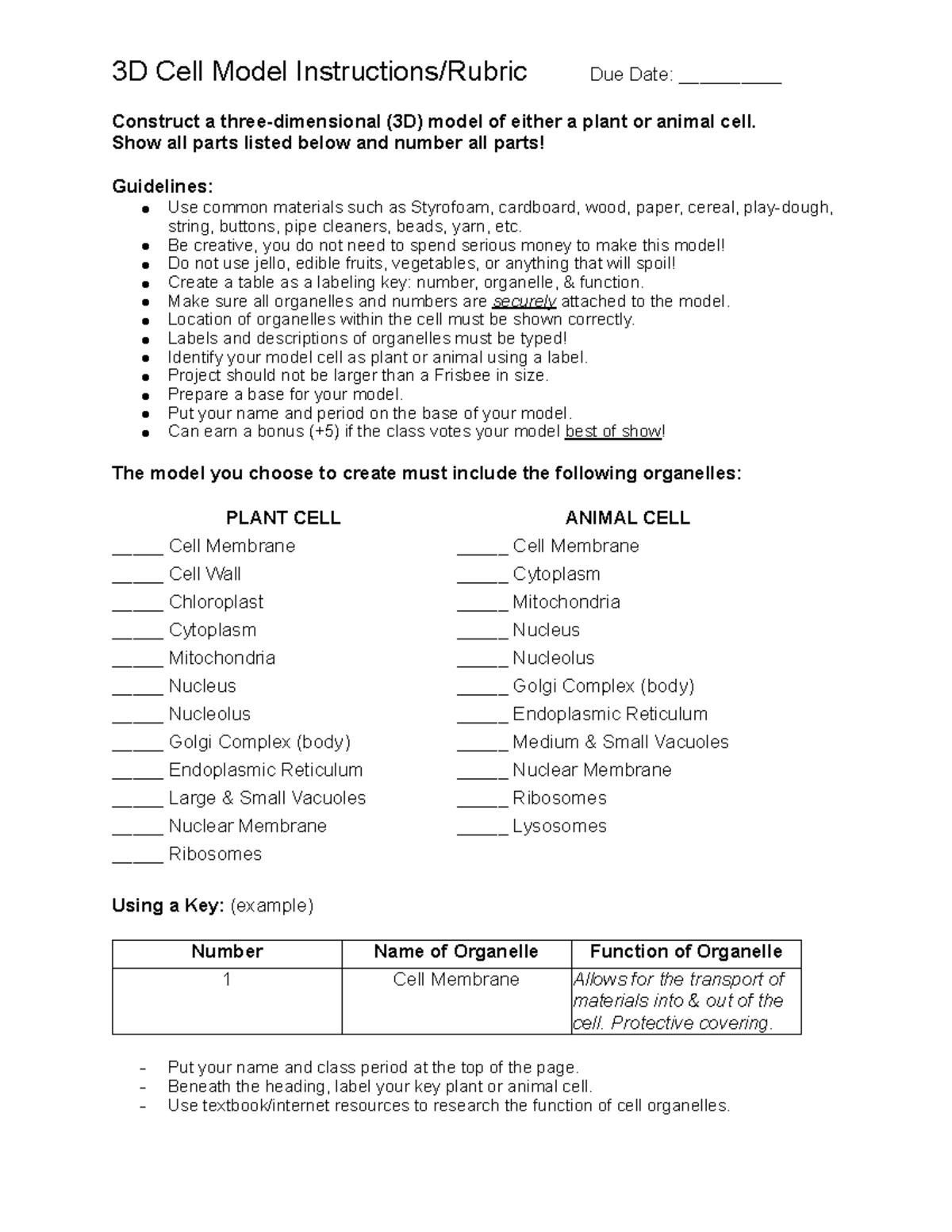 Cell Model Directions - wwdsadd - 3D Cell Model Instructions/Rubric Due ...