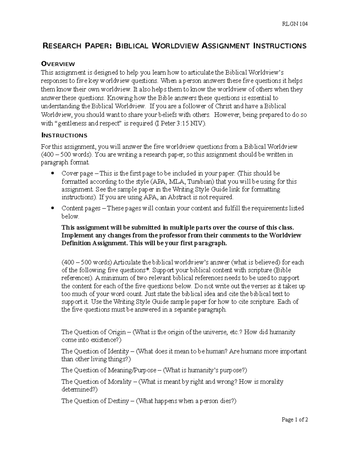 RLGN 104 Research Paper: Biblical Worldview Assignment Guide - Studocu