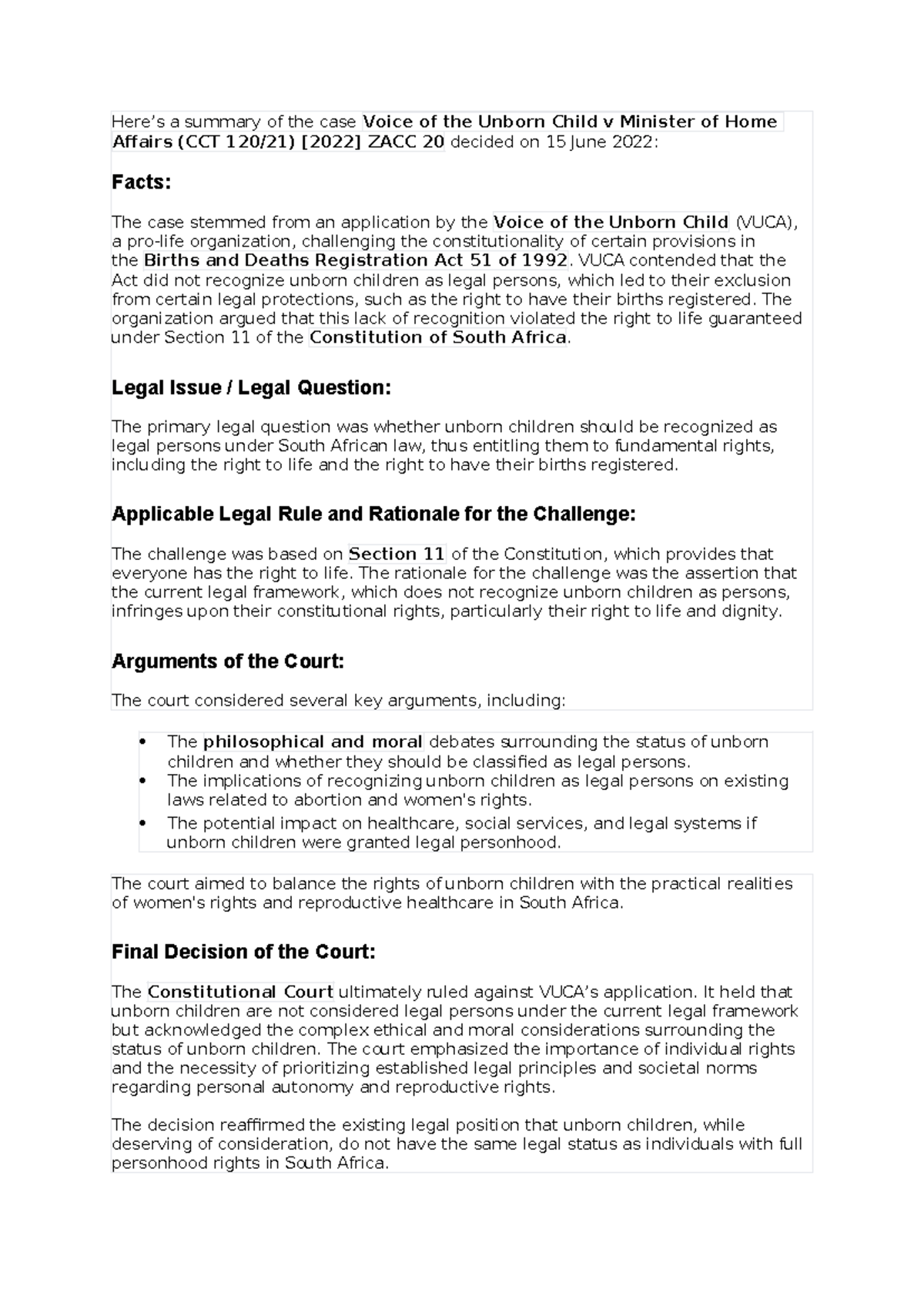 Case Prep: Summary of Voice of the Unborn Child v Minister of Home ...