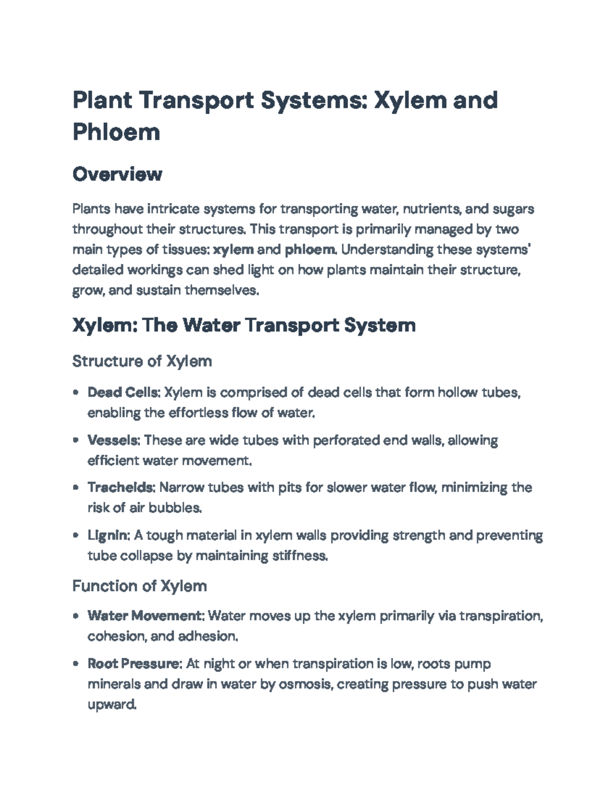 Understanding Plant Transport Systems: Xylem & Phloem Overview - Studocu