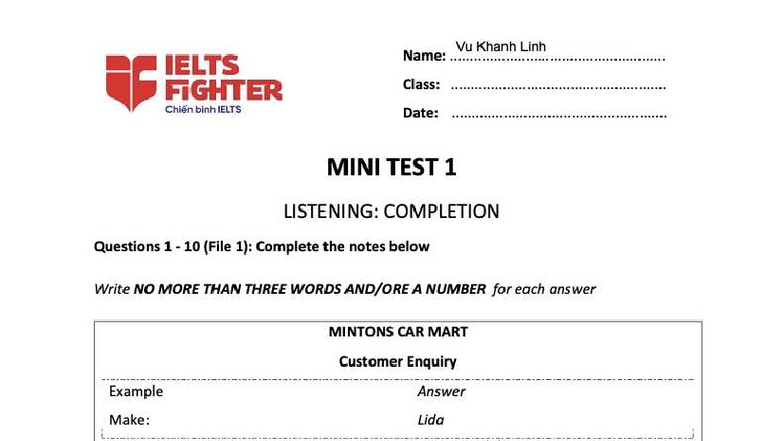 MINI TEST 1 - IELTS Listening Completion Notes - Studocu