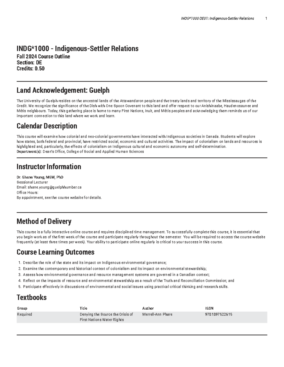 INDG 1000 DE01: Indigenous-Settler Relations Fall 2024 Course Outline ...