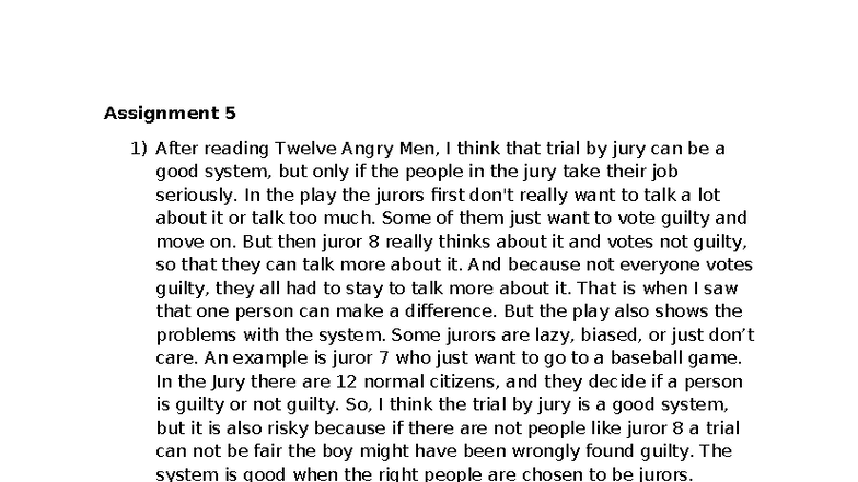 12 angry mann - nre - Assignment 5 1) After reading Twelve Angry Men, I ...