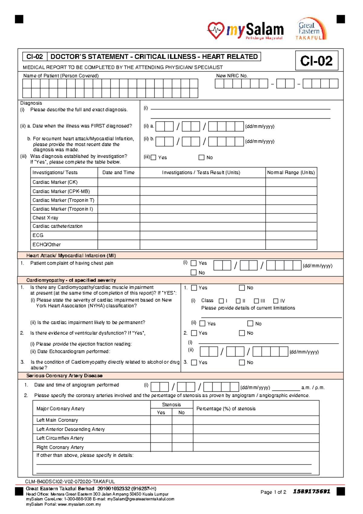 Critical Illness Medical Report: Heart Condition (CI-02) - Studocu