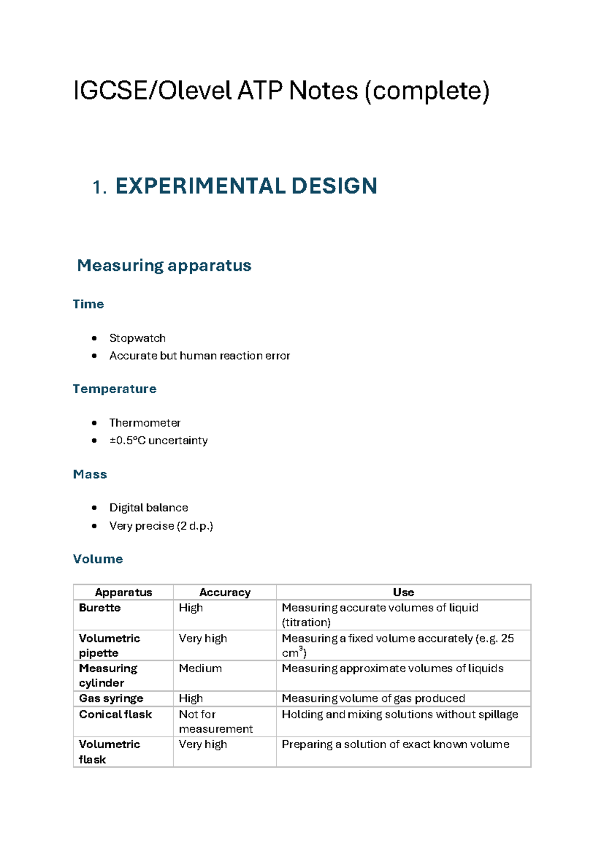 Chemistry ATP Notes: Experimental Design & Safety Precautions - Studocu